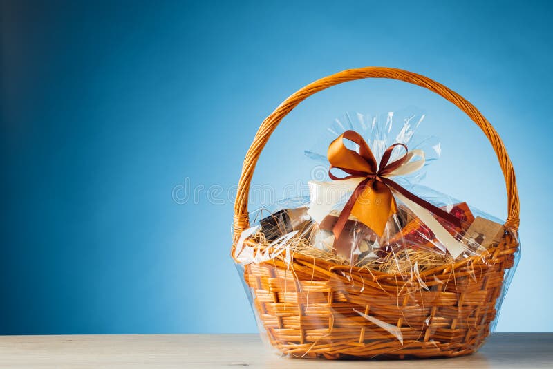 Gift Basket on Blue Background Stock Photo - Image of packing, blister ...