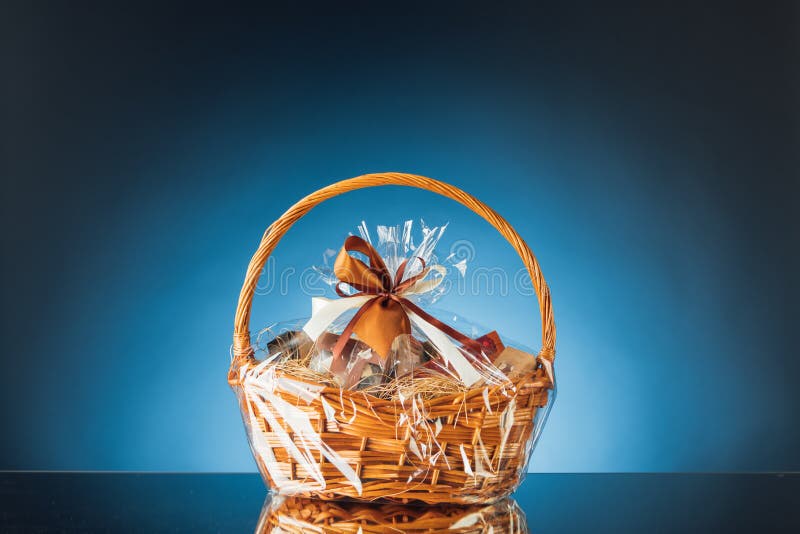 Gift Basket on Blue Background Stock Image - Image of glittering ...