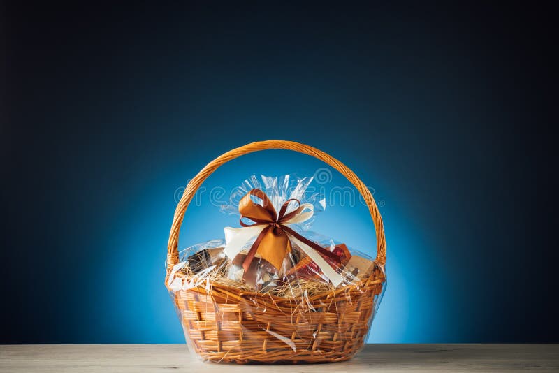 Gift Basket with Festive Particles, Purple Background Stock Image ...