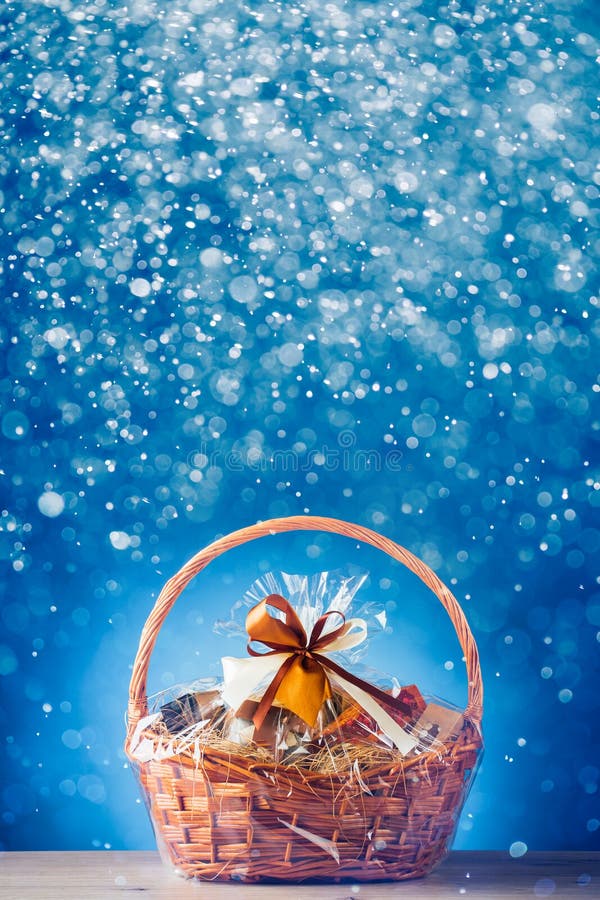 Gift Basket with Festive Particles Stock Photo - Image of food ...