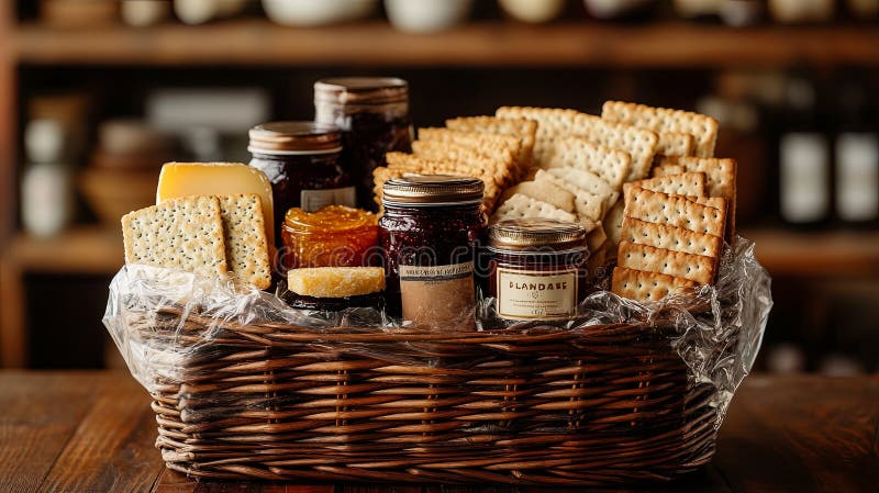 A Gift Basket Filled with Jams, Crackers, and Cheese Wrapped in Stock ...