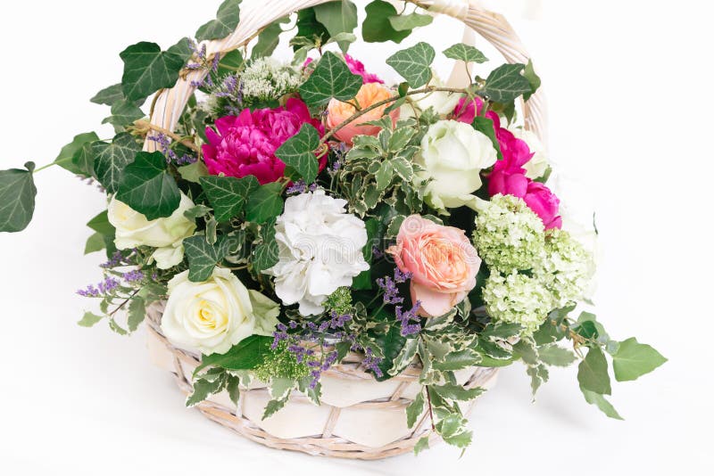 Gift Basket of Flowers Whith Roses Peonies Hydrangea Isolated Stock ...