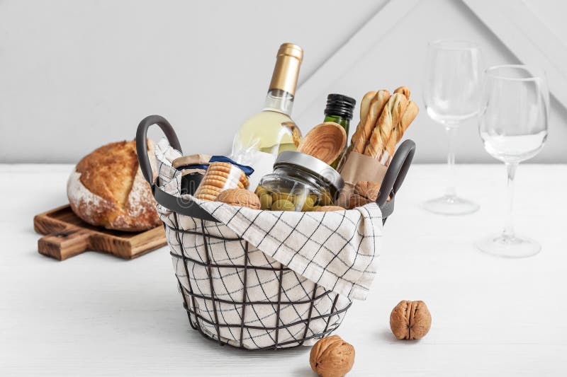 Gift Basket with Products on Light Background Stock Image - Image of ...