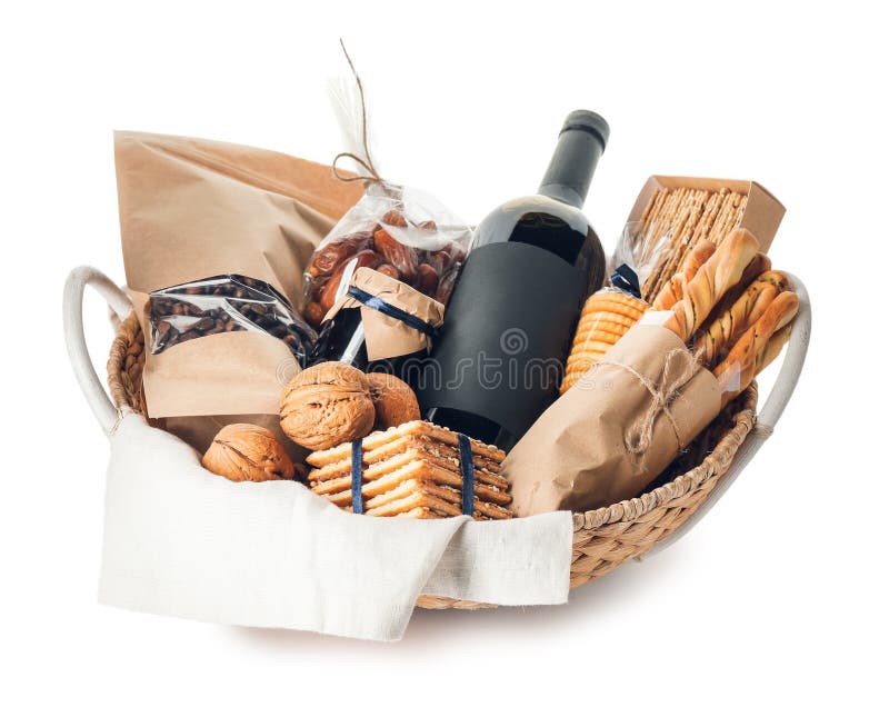 Gift Basket with Products on White Background Stock Photo - Image of ...