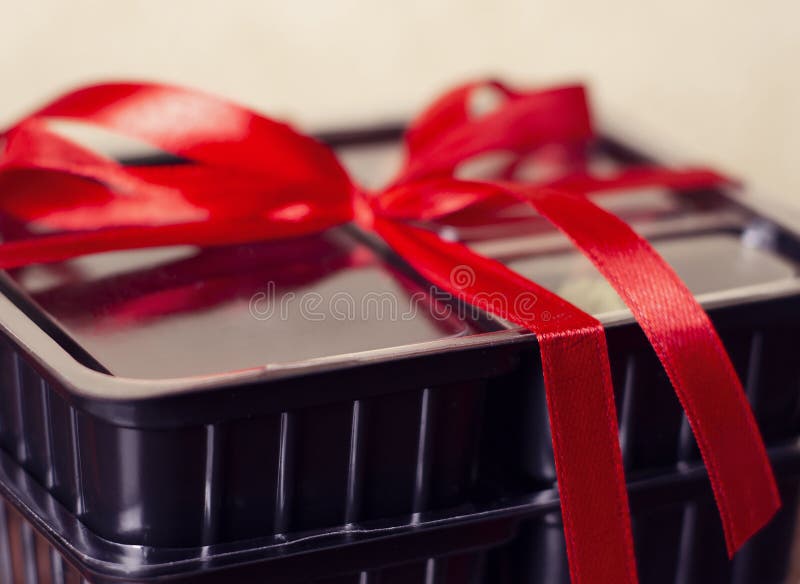 Gift. Black Box Tied with a Red Ribbon Stock Photo - Image of valentine ...