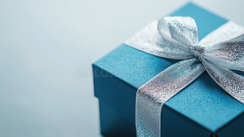 Gift in a Blue Box with a Silver Ribbon Set Against a Clean White ...