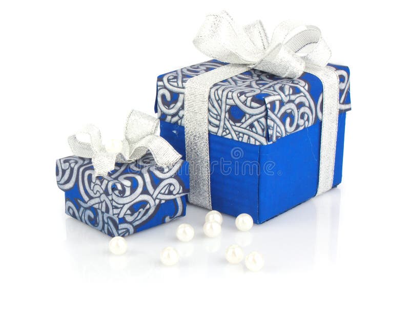 Gift Blue Boxes & Pearls on White Stock Image - Image of festive ...