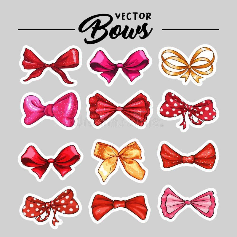 Gift Bow Stickers or Patch Hand Drawn Vector Illustrations Set Stock ...