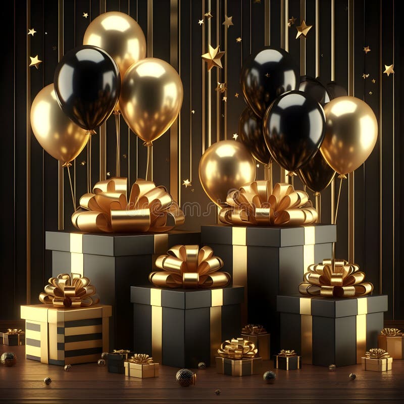 Gift Box Balloon Party Golden Black Ai Generator Stock Illustration ...
