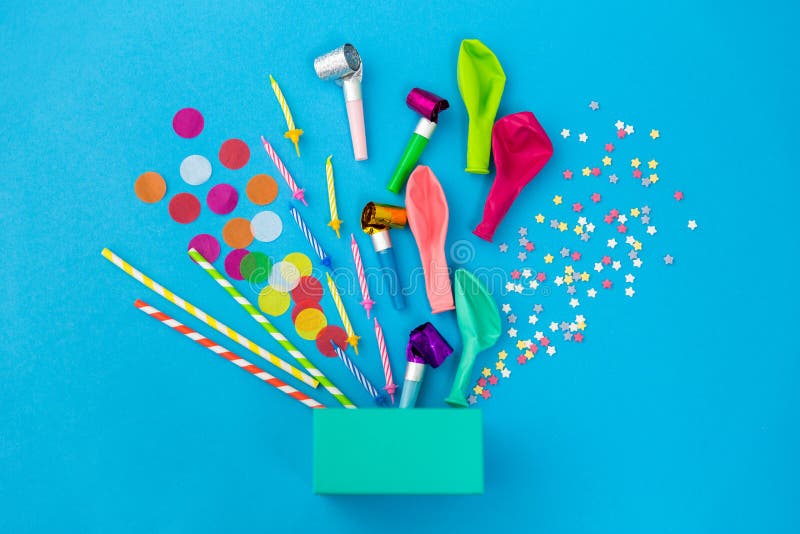 Gift Box and Birthday Party Props on Blue Stock Image - Image of blue ...