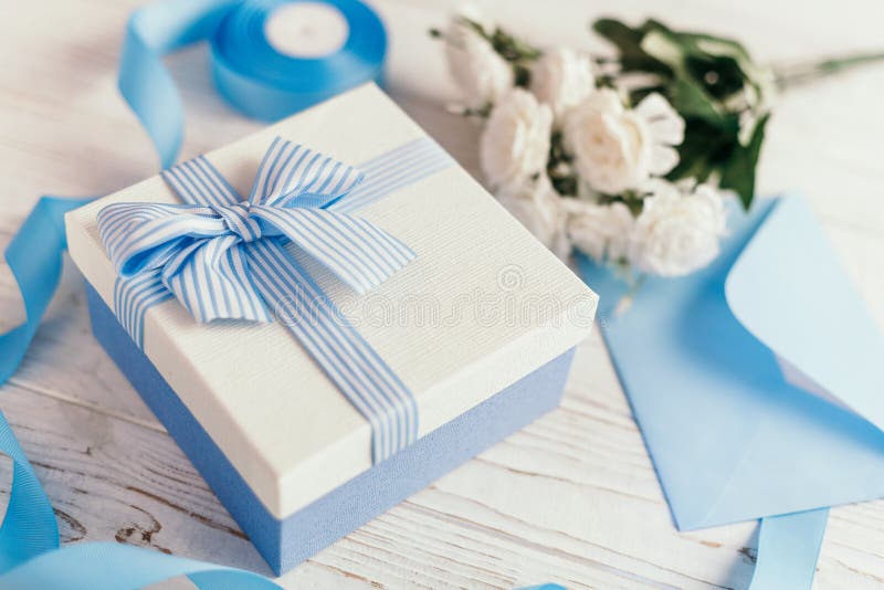Gift Box with Blue Ribbon and Bow. Simple Composition with Present ...