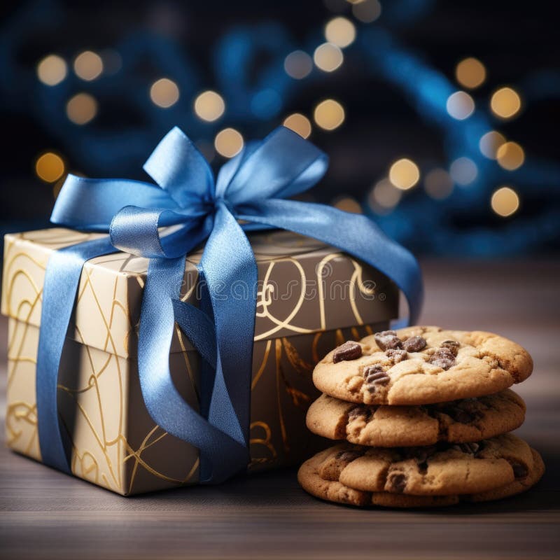 A Gift Box with a Blue Ribbon and Some Cookies Stock Illustration ...