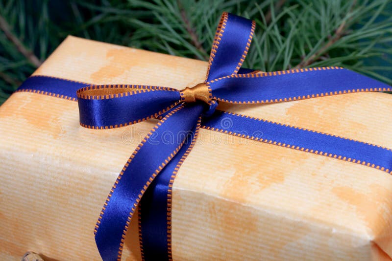 Gift Box,with Blue Ribbon, on Textile Ba Stock Photo - Image of ...