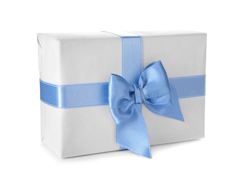 Gift Box with Blue Ribbon on White Background Stock Photo - Image of ...