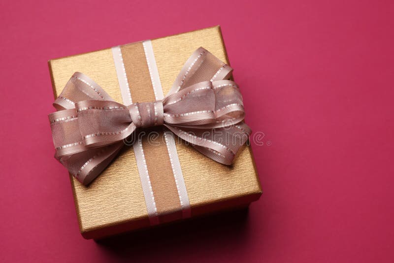 Gift Box Bow Burgundy Background Above View Space Text Stock Photos ...
