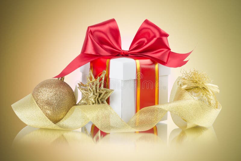 Gift Box with Bow and Christmas Balls Stock Image - Image of christmas ...