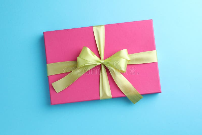 Gift Box with Bow on Light Blue Background, Top View Stock Image ...