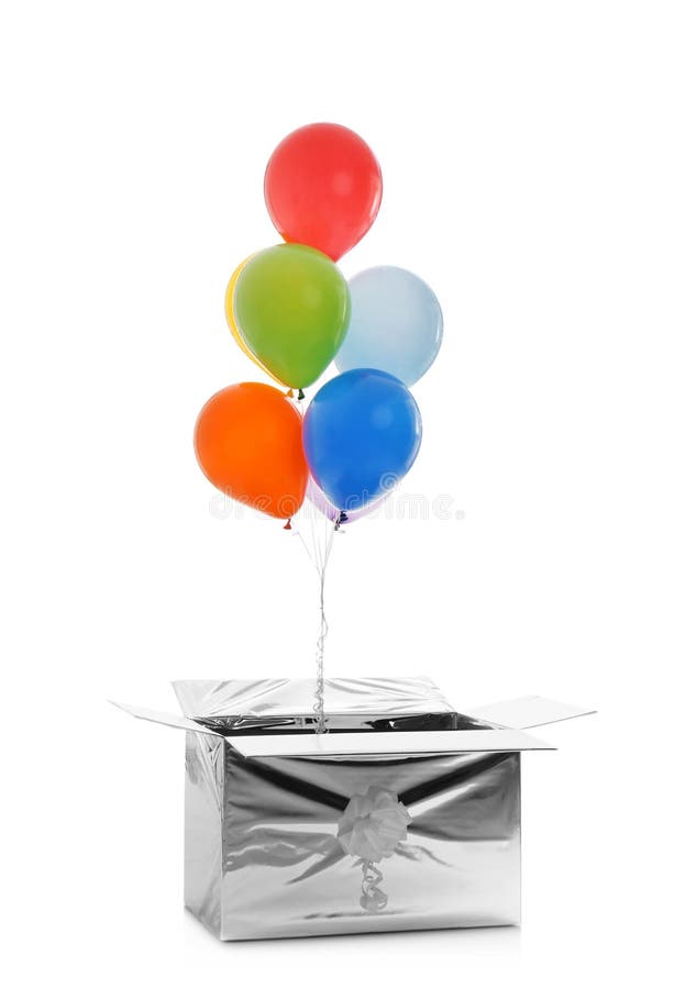 Gift Box with Bright Air Balloons on White Stock Image - Image of ...