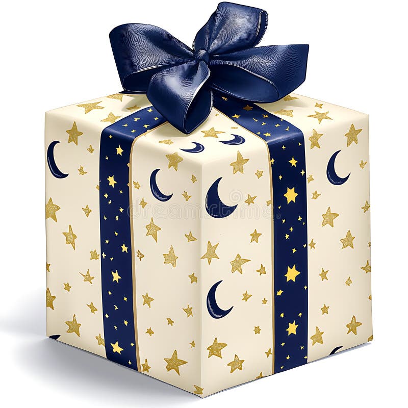 Gift Box with Celestial Design and Navy Blue Bow Stock Illustration ...