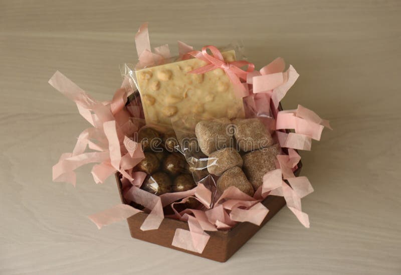 Gift Box with Chocolate and Sweets on Wooden Table Stock Image - Image ...