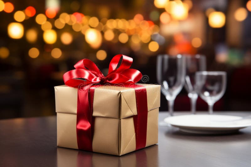 Gift Box, Classic Style, in a Restaurant Bar Background, Warm Lighting ...