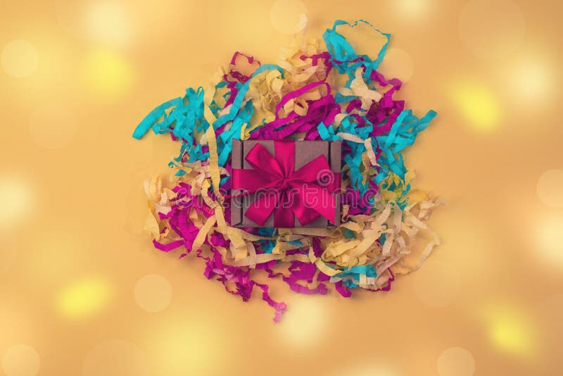 Gift Box with Colored Streamers Bright Yellow Background Top View of ...