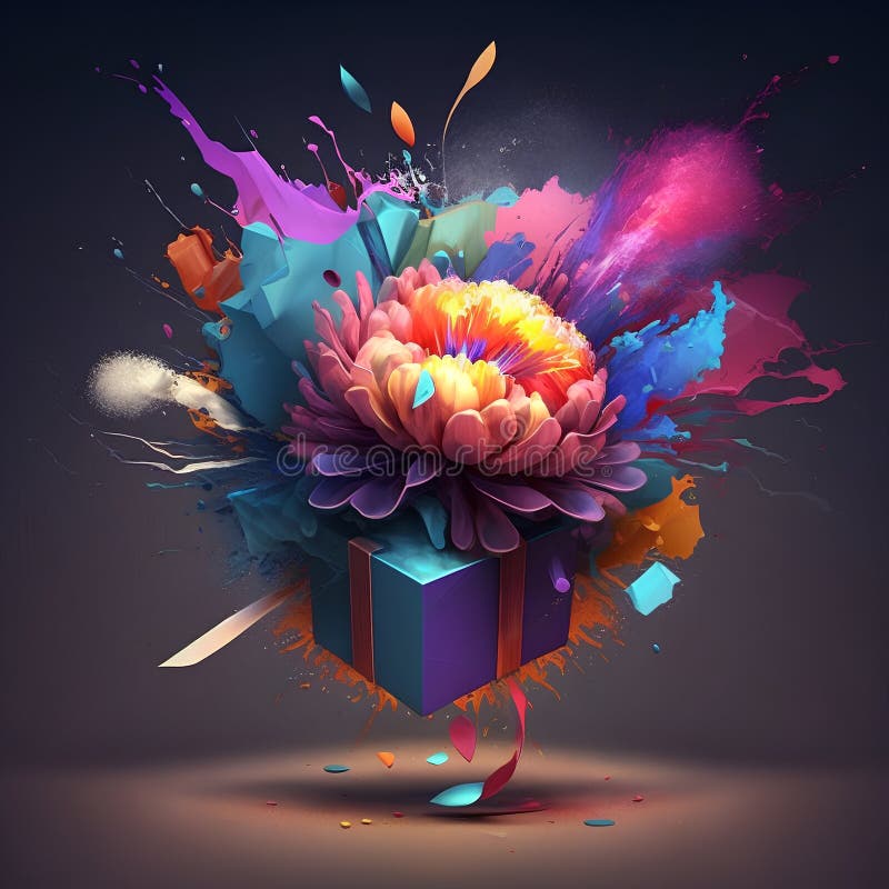 Gift Box with Colorful Splashes and Ribbons on Dark Background Stock ...