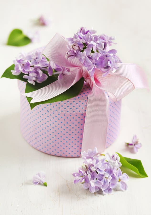 Gift Box Decorated with Purple Lilac and Ribbons Stock Photo - Image of ...