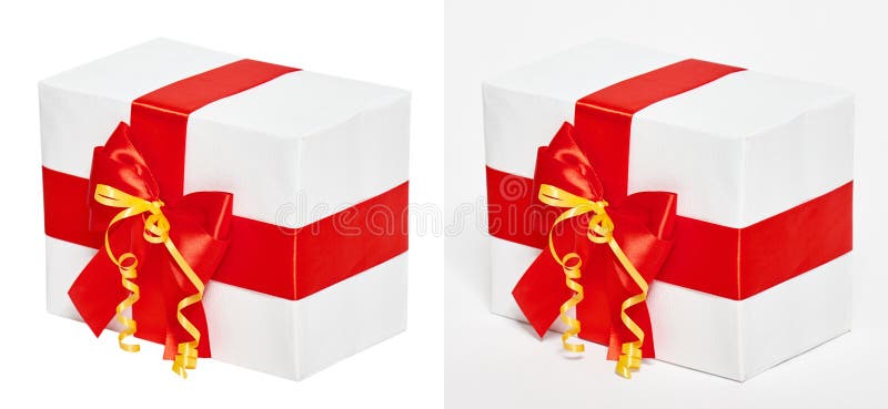 Gift Box Decorated Silk Red Ribbon and Bow, Object on White Studio ...