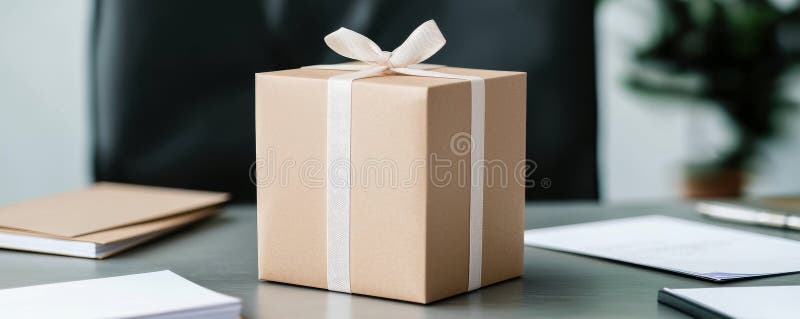 Gift Box on a Desk with Paperwork in a Modern Office Setting Stock ...