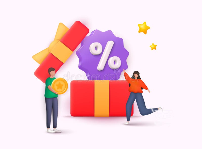 Gift Box with Discount Tag and Stars with Happy People. 3D Web Vector ...