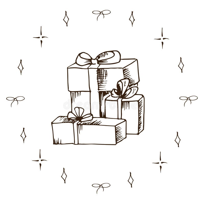 Gift Box Doodle. Simple Hand Drawn Three Gift Boxes, Isolated on White ...