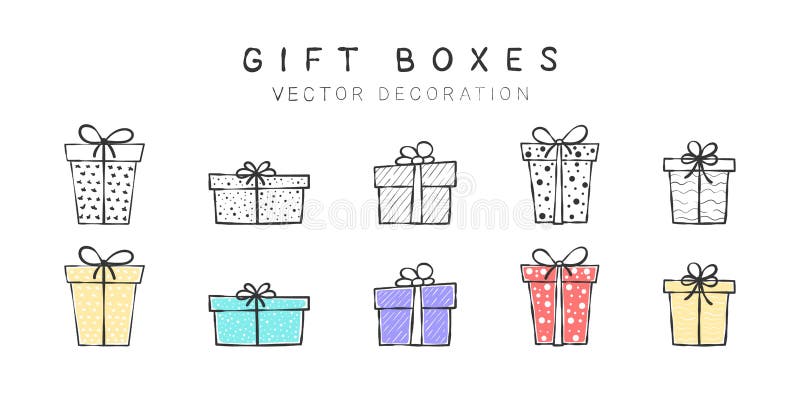 Gift Box Drawings. Various Gift Boxes. Drawings Decor Elements Stock ...