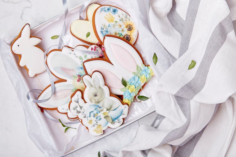 Gift Box with Easter Decorated Glazed Cookies. Spring Cozy Aesthetic ...