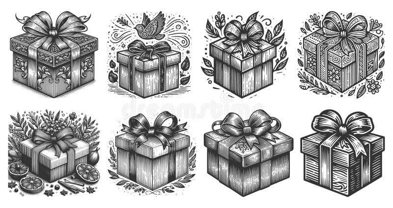 Gift Box Engraving Set Raster Collection Stock Image - Image of ...