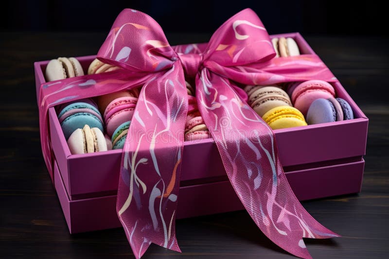 A Gift Box Filled with Multi-colored Macarons Tied with a Ribbon Stock ...