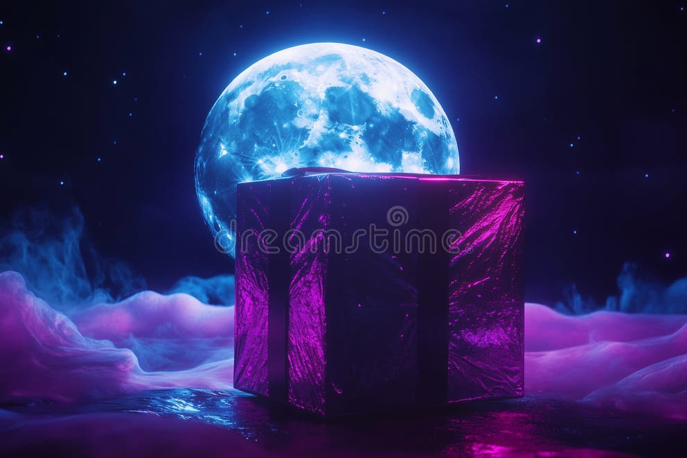 Gift Box in Front of the Moon. Synthwave Style. by Generative Ai Stock ...