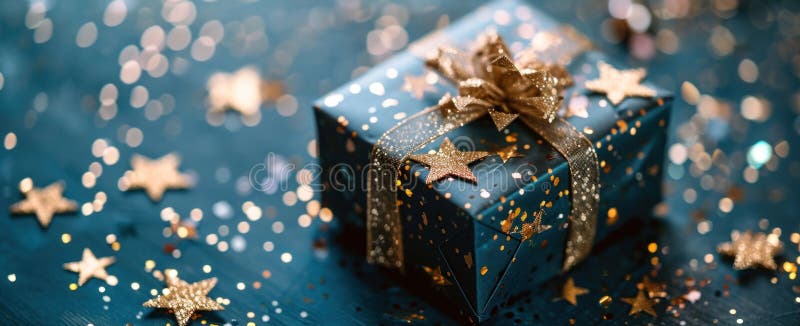 A Gift Box with Gold Stars on a Blue Background Stock Illustration ...