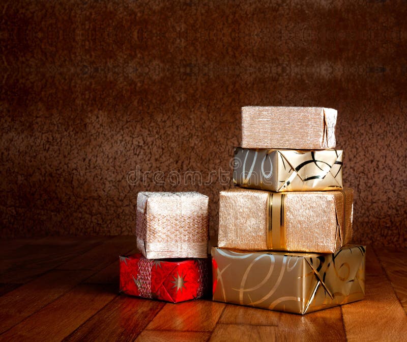 Gift Box in Gold Wrapping Paper with Ribbon Stock Photo - Image of gift ...