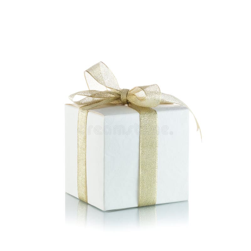 White Gift Box with Gold Ribbon Isolated Stock Photo - Image of shiny ...