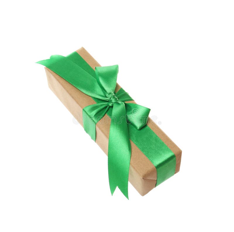 Gift Box with Green Bow Isolated on White Stock Image - Image of ...