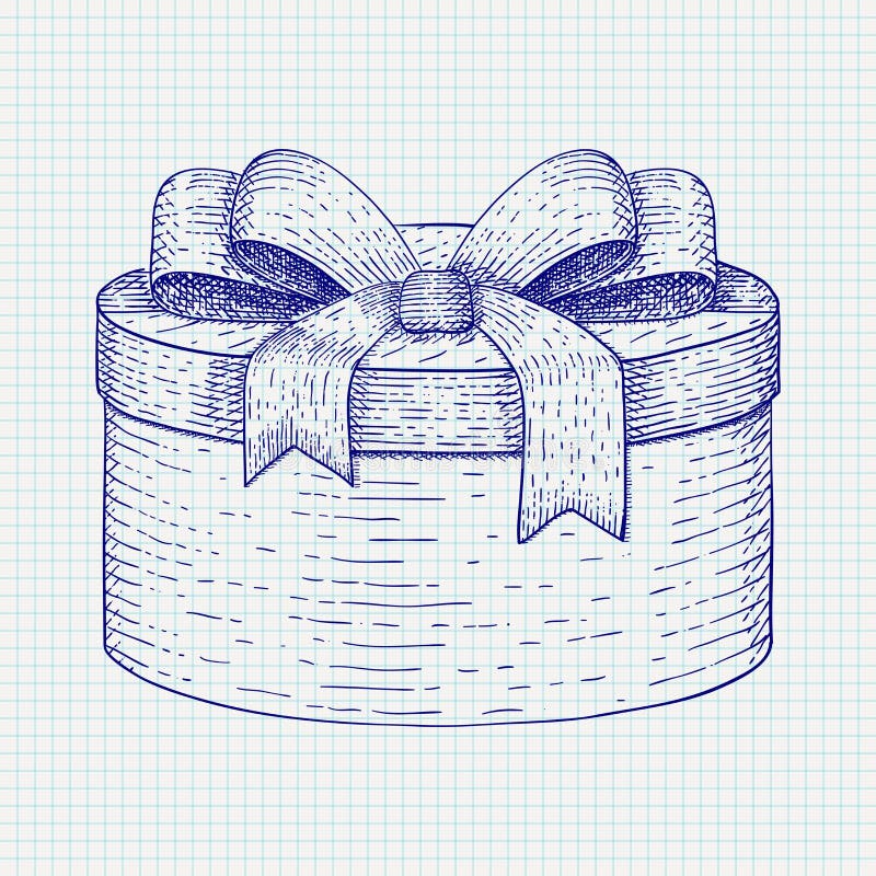 Gift Box. Hand Drawn Sketch. Blue Vector Illustration on Notebook Sheet ...