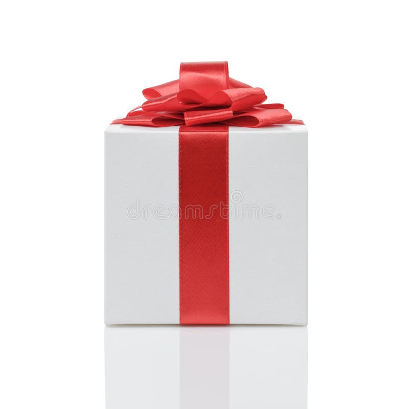 Gift Box with Handmade Red Ribbon Bow and Tag Stock Photo - Image of ...