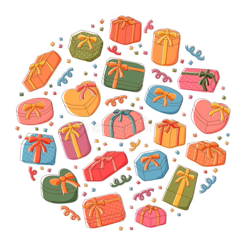 Gift Box Icon Kids Hand Drawing Set Pattern Background Circle Shape ...