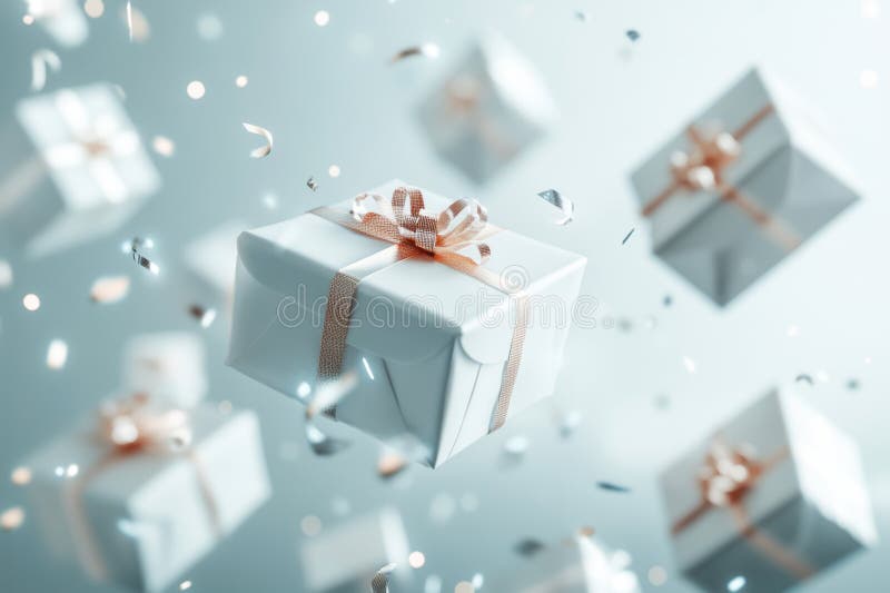 Gift Box Illustration, White Gift Boxes Floating, Radiating Joy and ...
