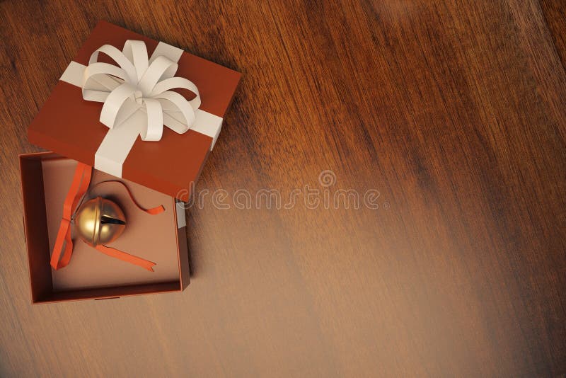 Gift Box with Jingle Bell on Wooden Floor Stock Photo - Image of bauble ...