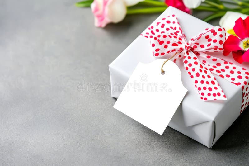 Gift Box Mockup with Blank Tag and Red Polka Dot Ribbon on Gray ...