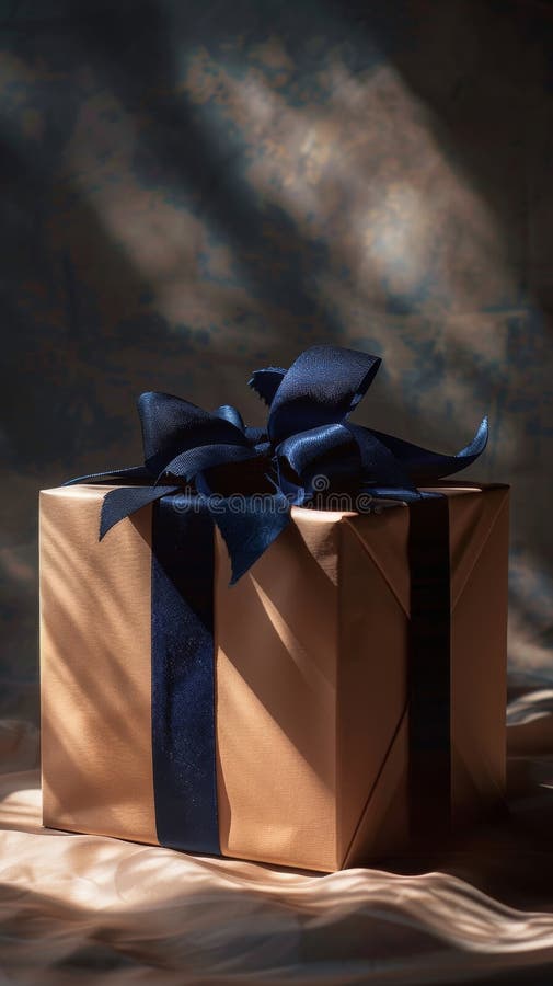 Gift Box with Navy Blue Ribbon in Dramatic Lighting Stock Image - Image ...