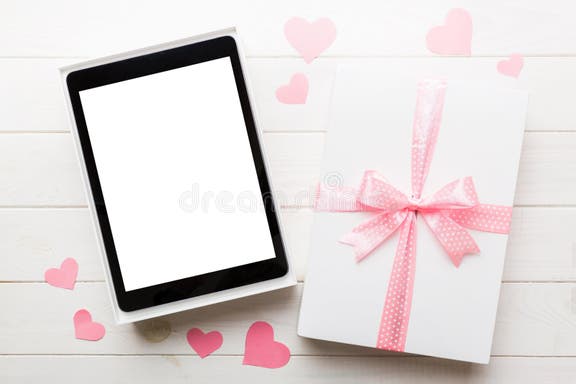Gift Box of Open Tablet for the Holidays with a Bow Top View Stock ...