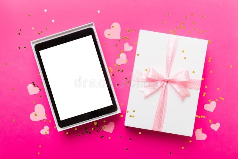 Gift Box of Open Tablet for the Holidays with a Bow Top View Stock ...
